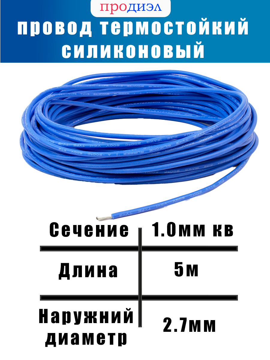 Провод силиконовый 17AWG, 1,0 мм кв, 5 м, синий, луженая медь