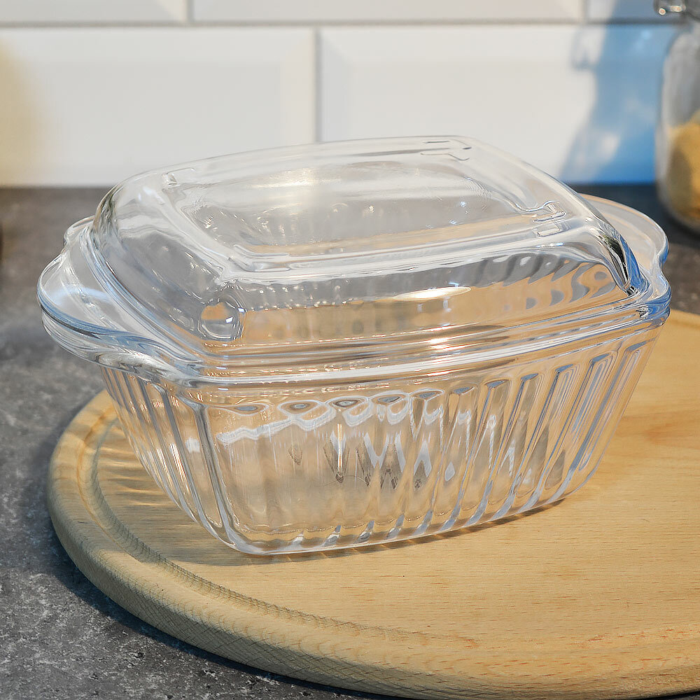 Кастрюля стеклянная 1.07л с крышкой, рифленые стенки, 21см, h10см, прозрачная