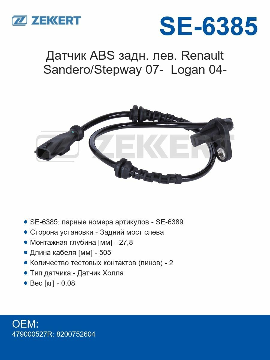 Zekkert Датчик ABS задний левый Renault Sandero/Stepway 07- Logan 04-