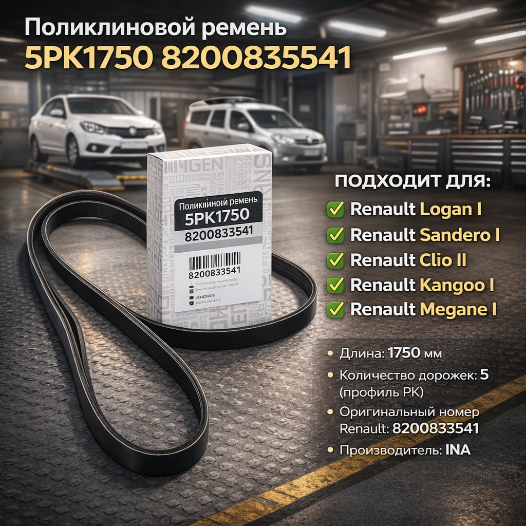 Ремень поликлиновой 5PK1750 8200833541 – Renault Logan I, Sandero I, Clio II, Kangoo I, Megane I