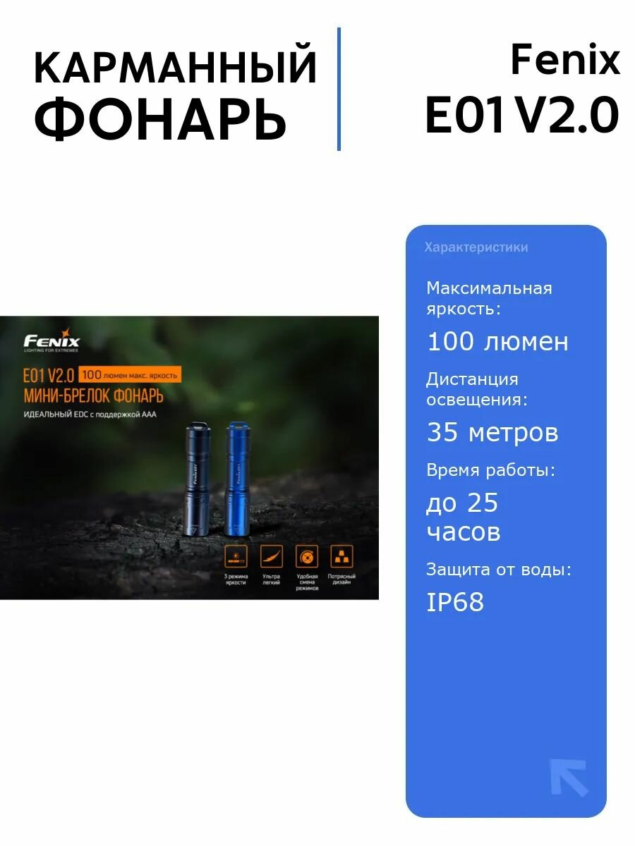 Фонарь Fenix E01 V2.0, черный, 100 люмен, карманный, ультракомпактный, 3 режима, водонепроницаемый IP68