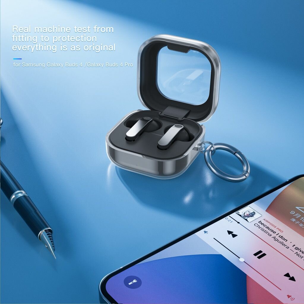 Мягкий чехол для Samsung Galaxy Buds 4 Pro и Buds4 с брелоком и набором чистки, прозрачный черный — фото 1
