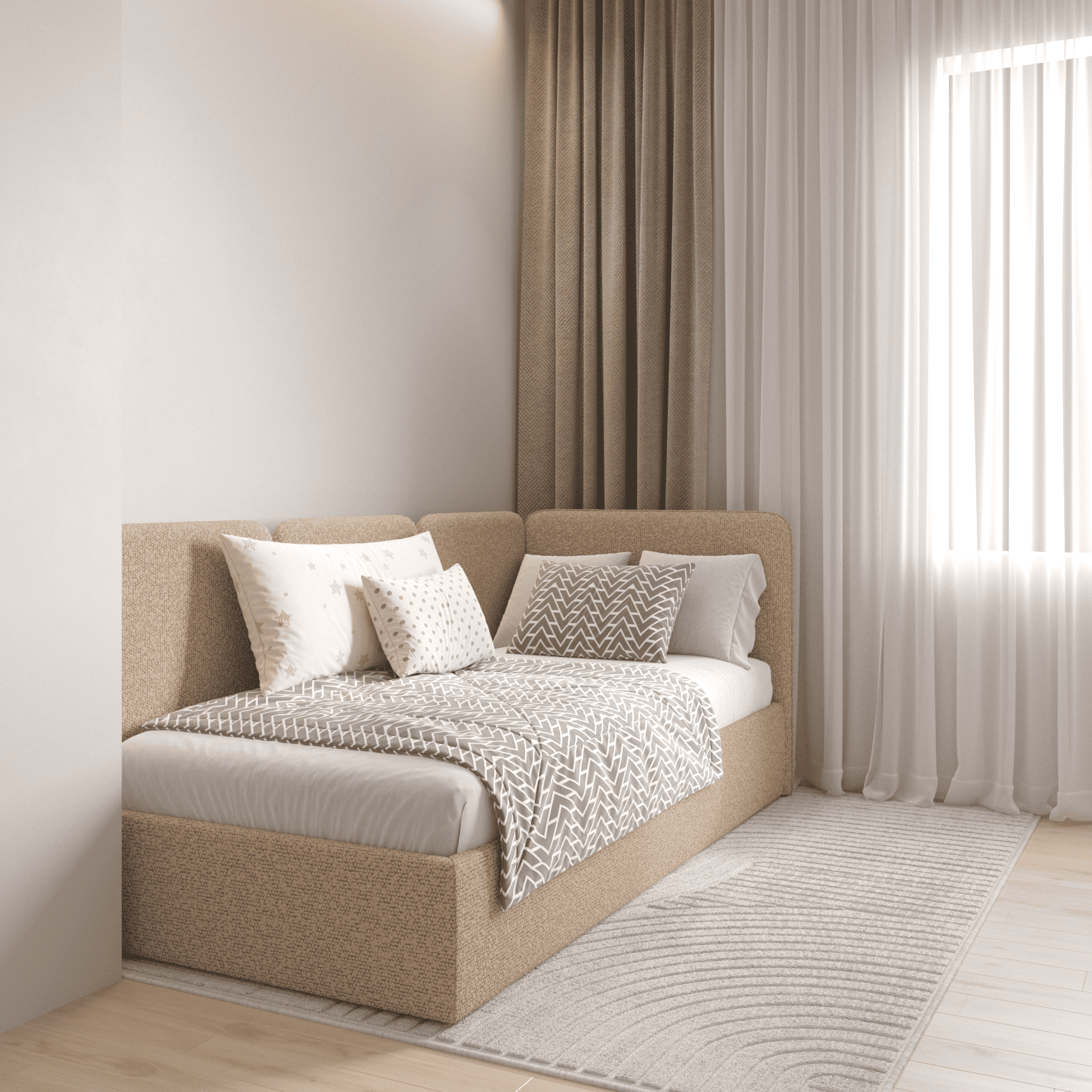 Кровать детская угловая дизайнерская 120х190 «Луна», ткань букле , мягкая кровать