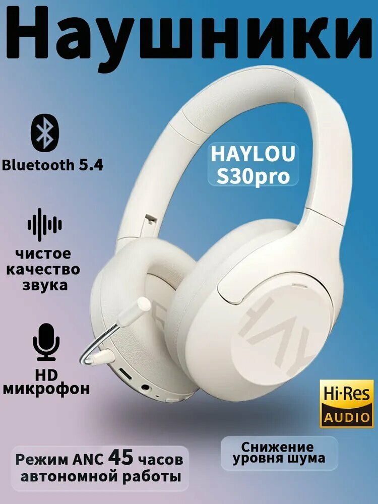 Haylou Наушники беспроводные с микрофоном Наушники беспроводные накладные Haylou S30 Pro белые со съемным микрофоном, Bluetooth, 3.5 мм, белый