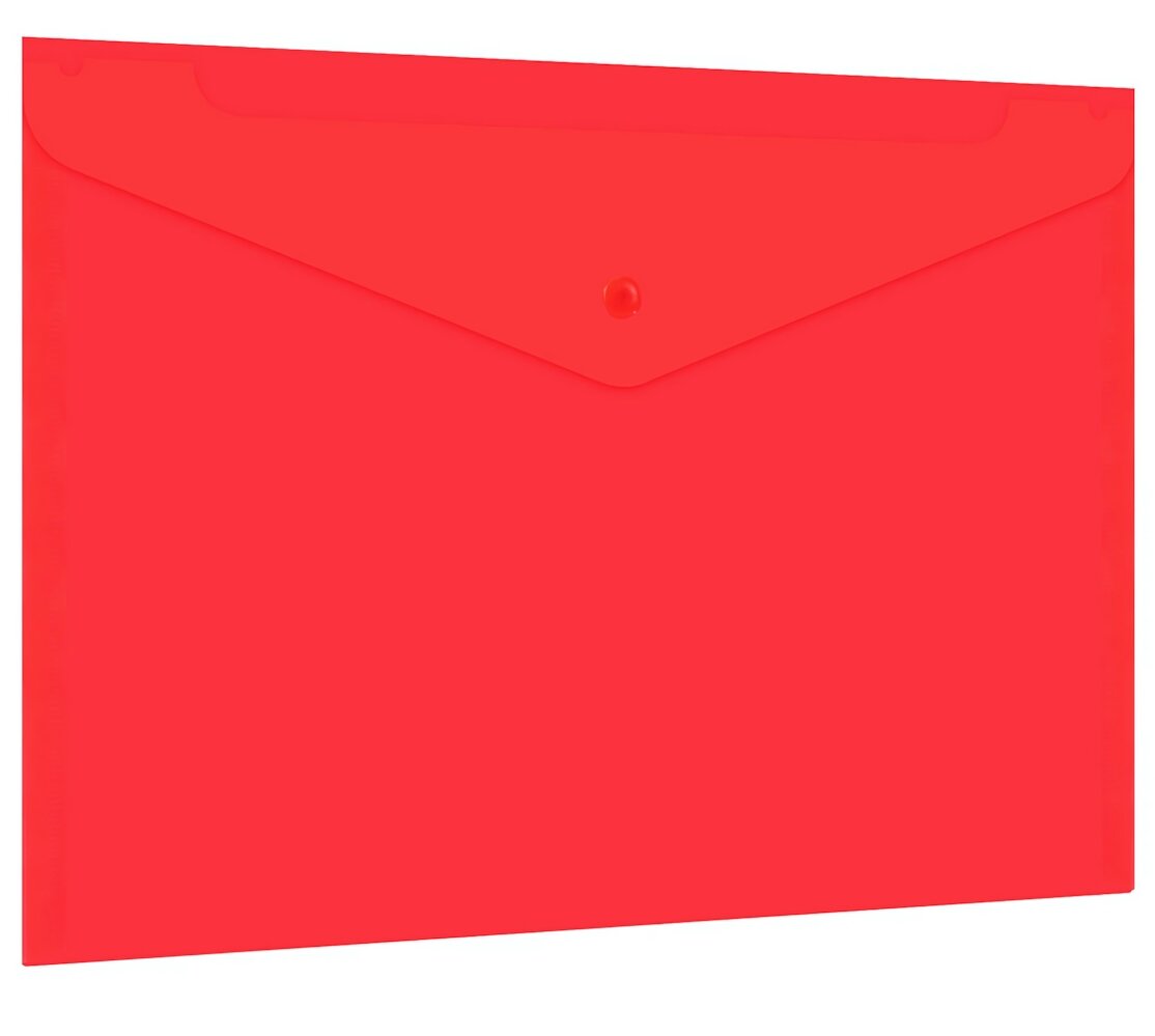 Папка-конверт A4 BRAUBERG "Universal", 0,15 мм, до 100 листов, прозрачная красная, на кнопке
