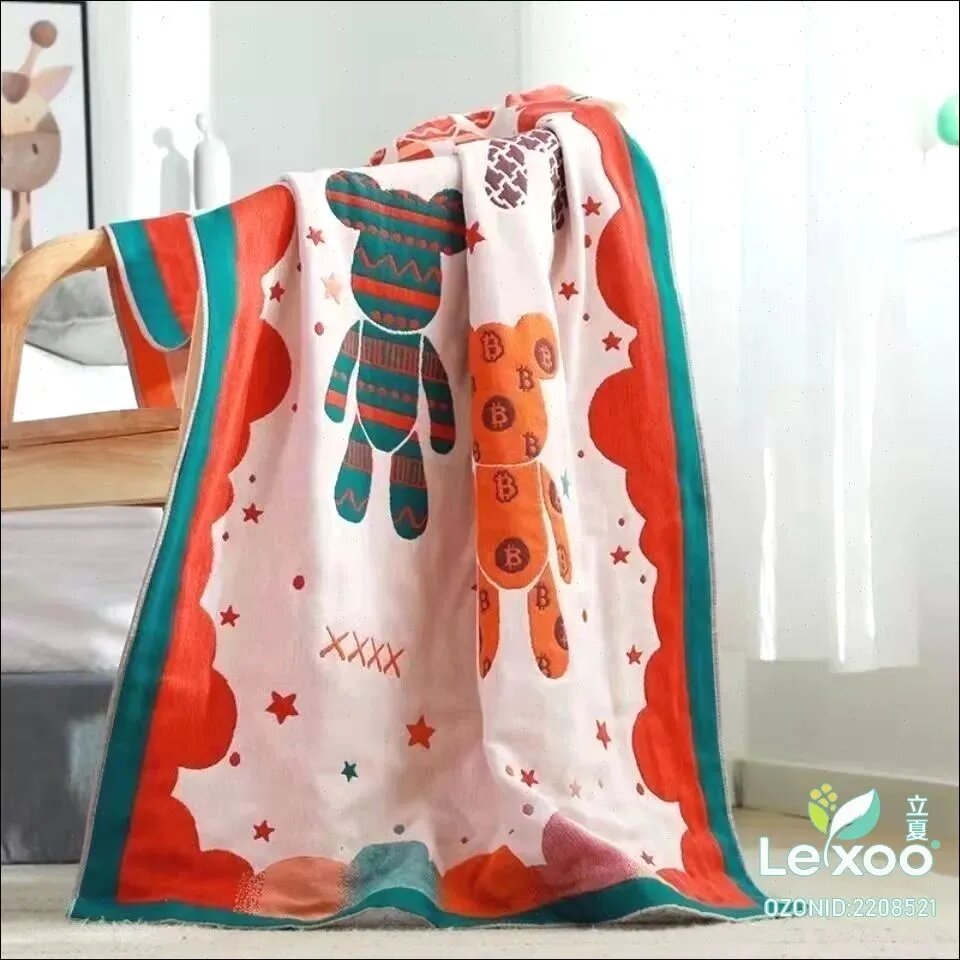 Полотенце банное, Хлопок, 80x160 см, белое, синее, 1 шт. с принтом "Медведи"