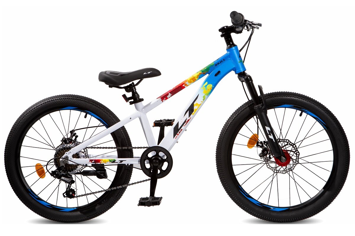 Велосипед колесо 22"LTBIKE SKILL, горный, алюминиевая рама 11", 6 скоростей, на рост 100-130см, оборудование Шимано, белый/синий
