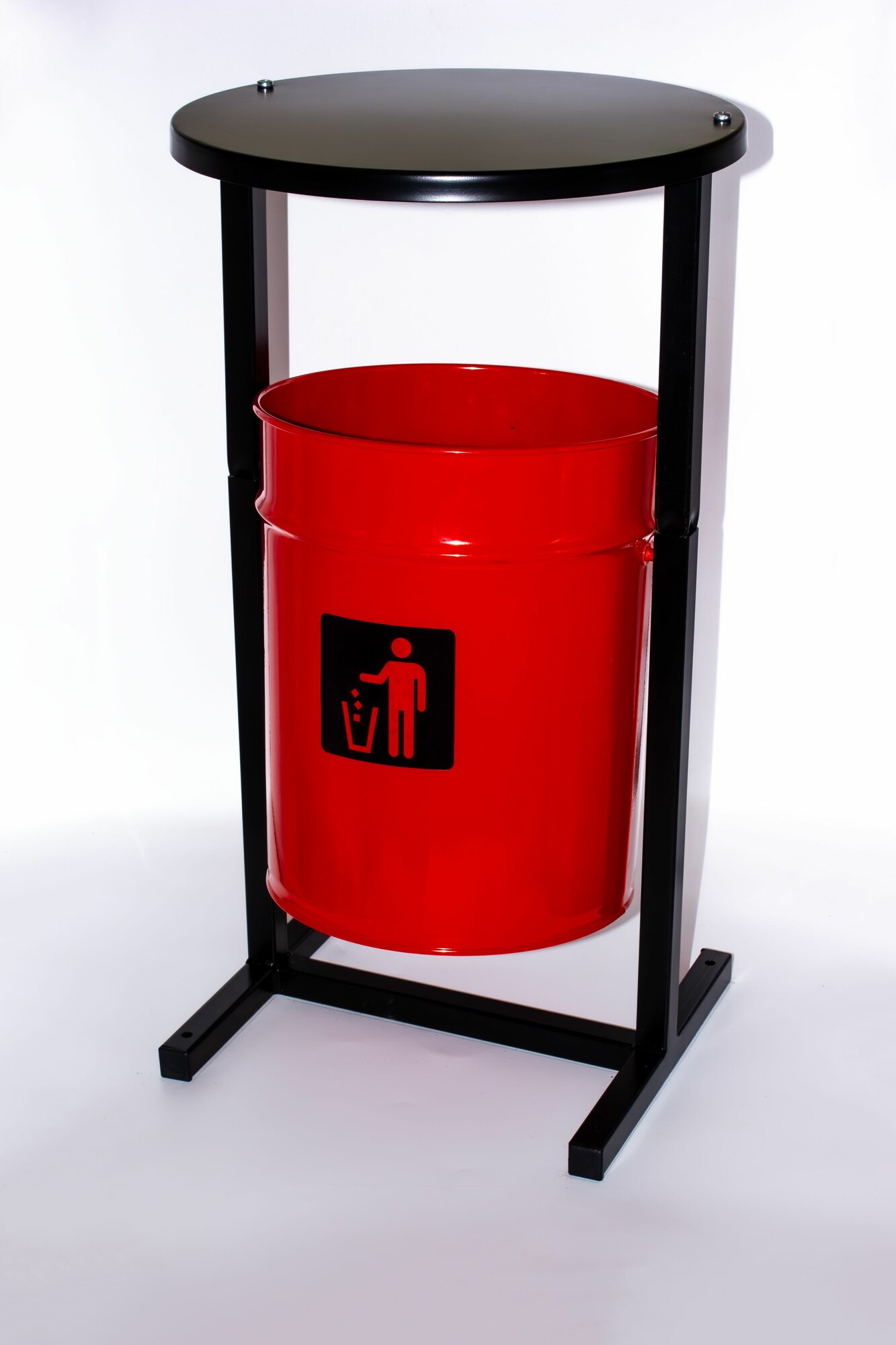 Урна Т металлическая уличная круглая с квадратными ножками красная с крышкой