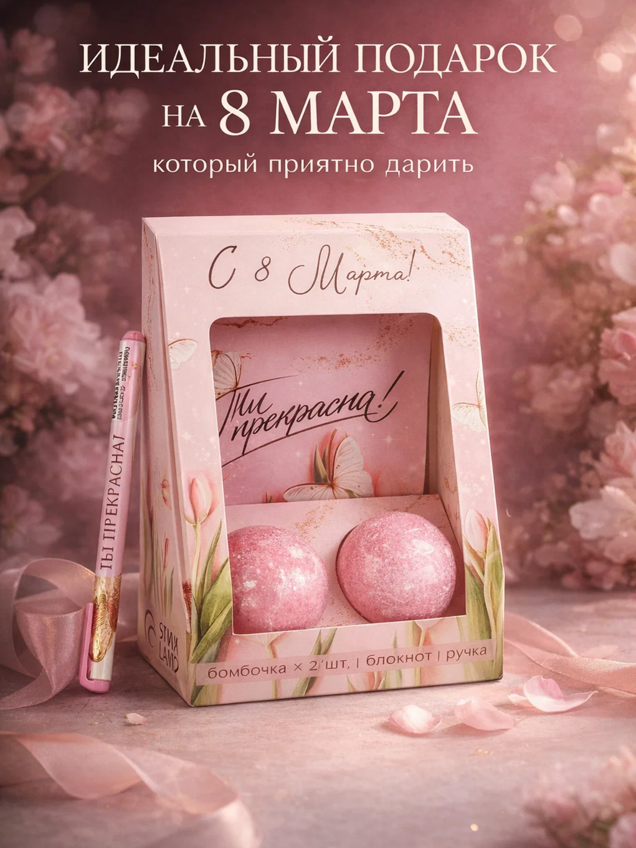 Подарочный набор "С 8 марта!", блокнот А6, 32 листа, ручка и бурлящий шар 2х40 гр, подарок на 8 марта