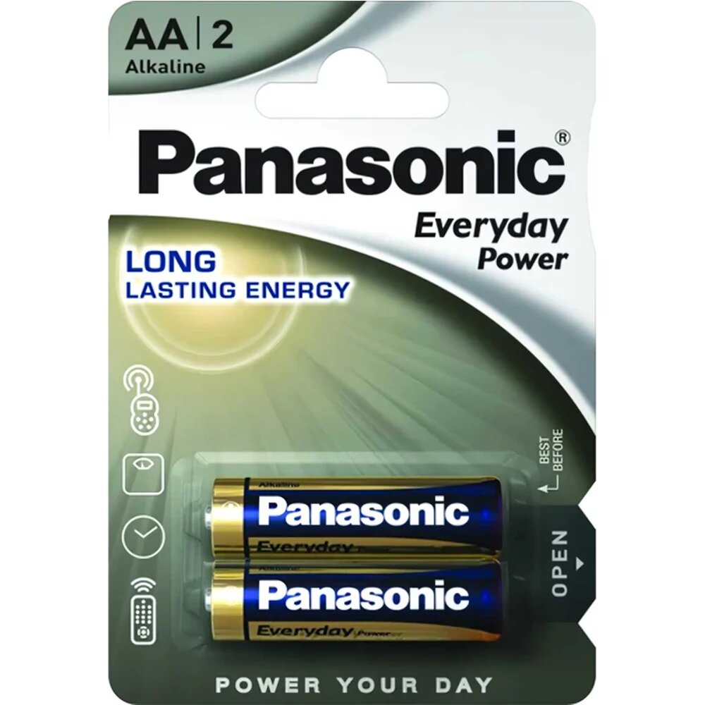 Щелочная батарейка LR6 AA Everyday Power 1.5В бл/2 Panasonic, алкалиновый элемент для бытовой техники