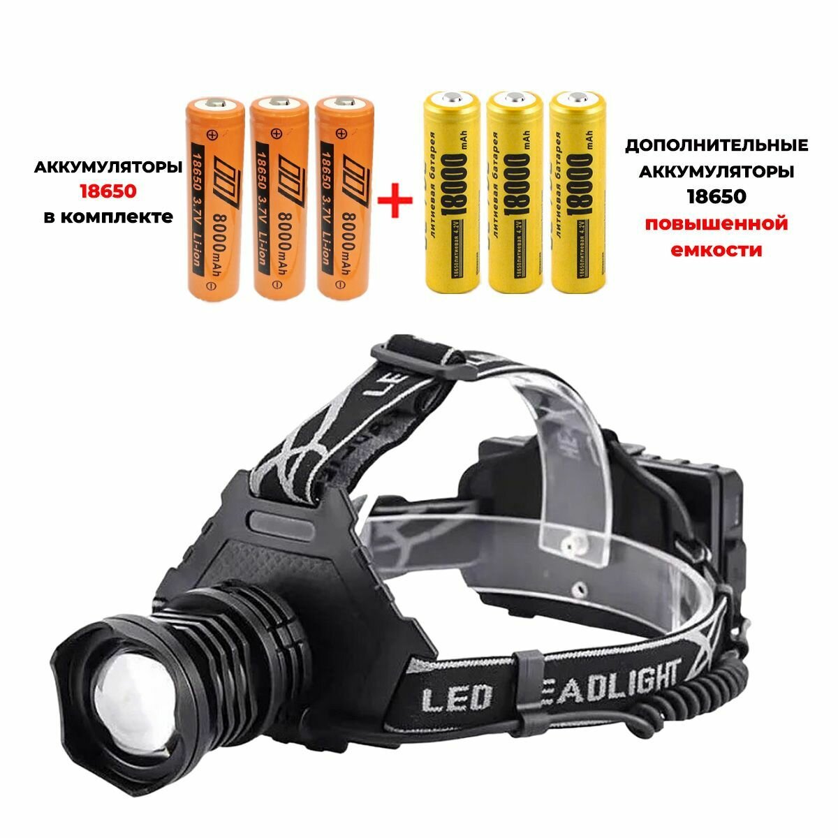 Сверхмощный, светодиодный налобный фонарь НТ799 6 АКБ в комплекте