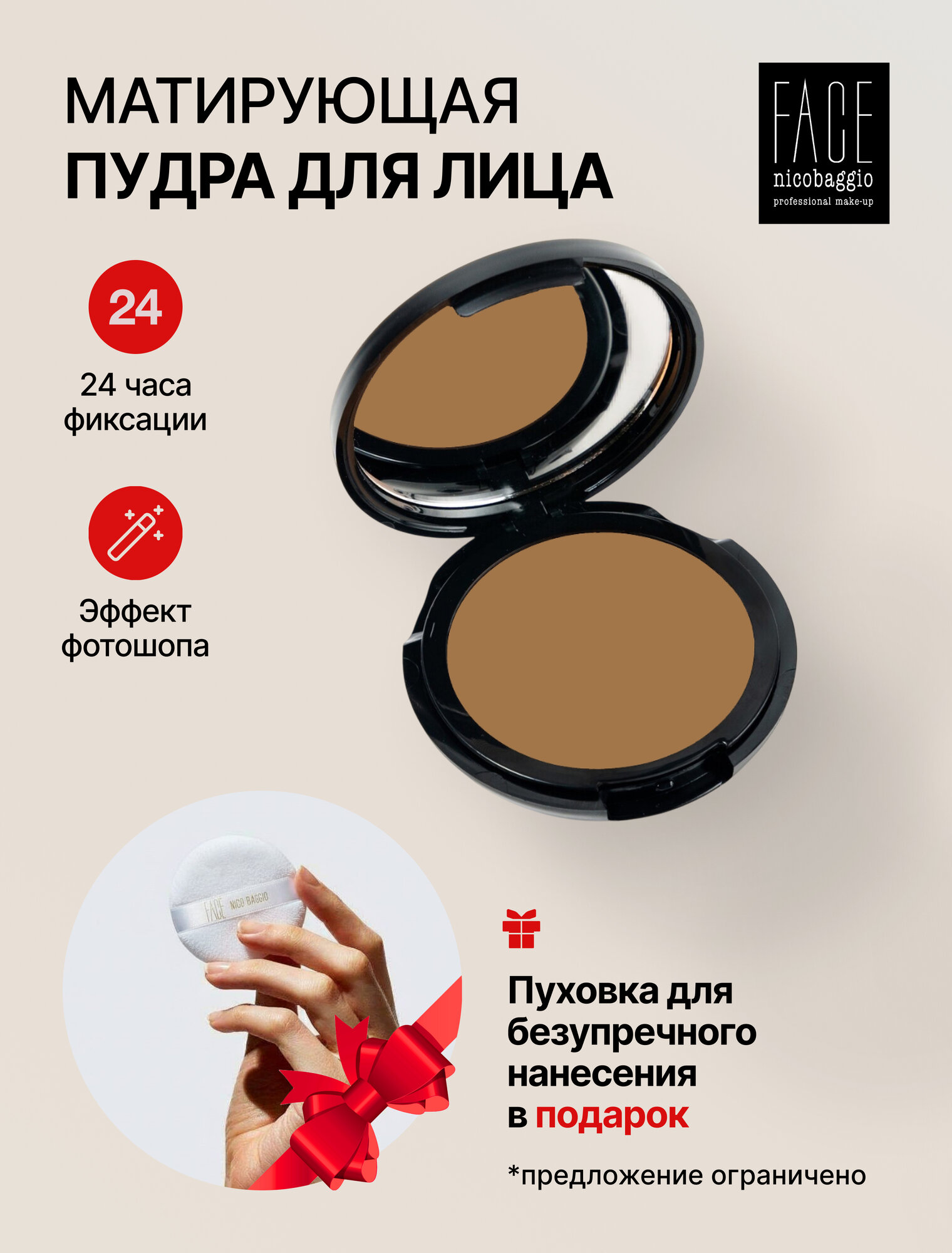 Пудра для лица матирующая SPF 20 + контроль жирности FACE nicobaggio professional make-up