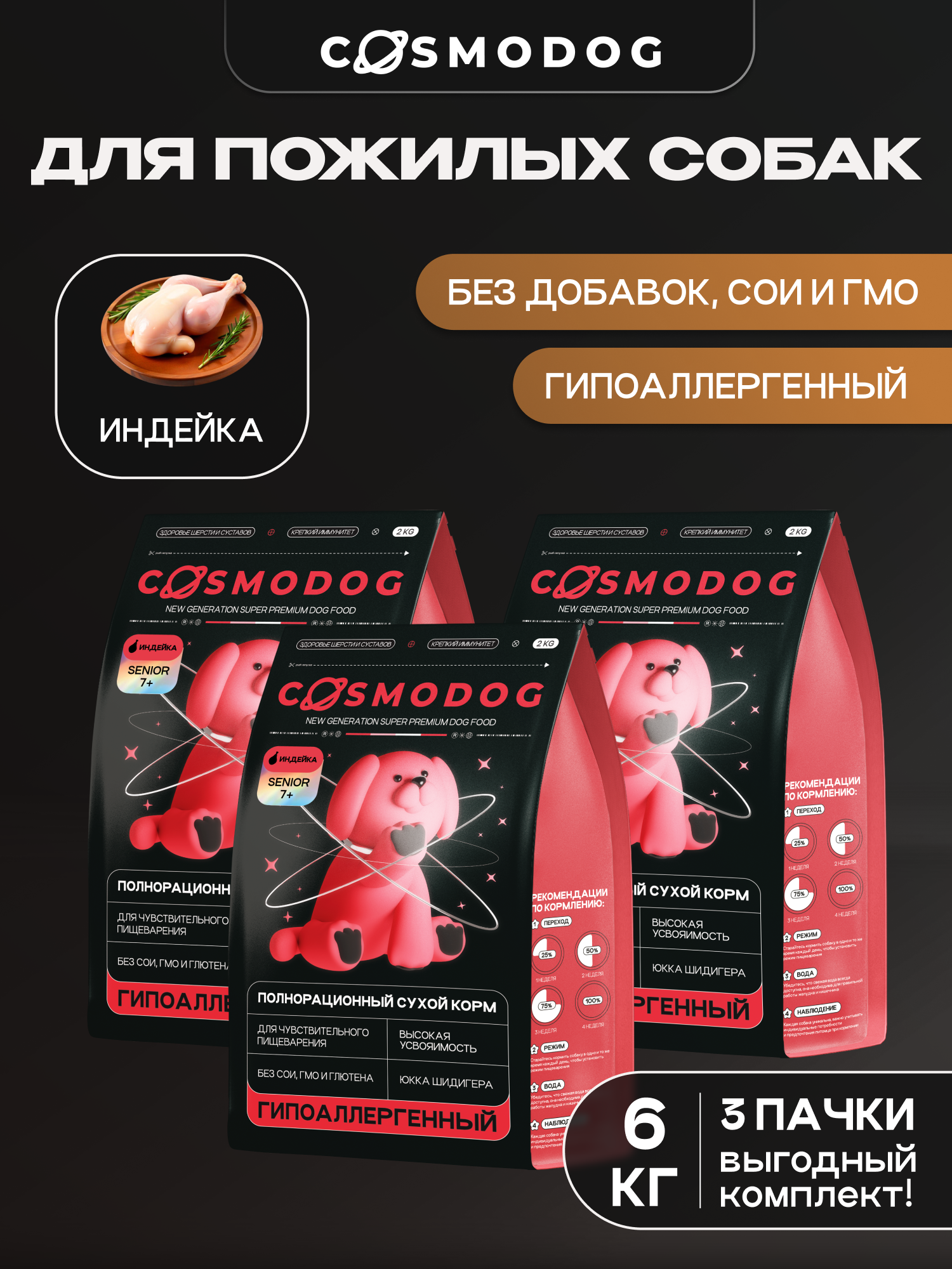 Корм для пожилых собак сухой Cosmodog с индейкой 6 кг, гипоаллергенный холистик для крупных и средних пород