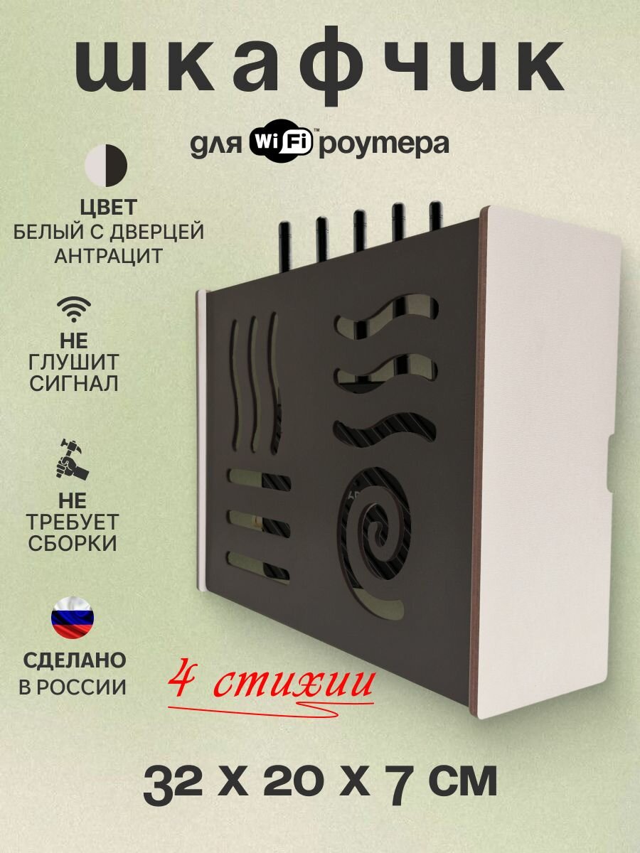 Полка короб для роутера, шкафчик 20х32см - "4 стихии" ; Белый с дверцей антрацит