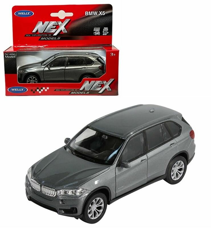 Машинка Welly BMW X5. масштаб 1:38, металлическая, пружинный механизм, серый цвет