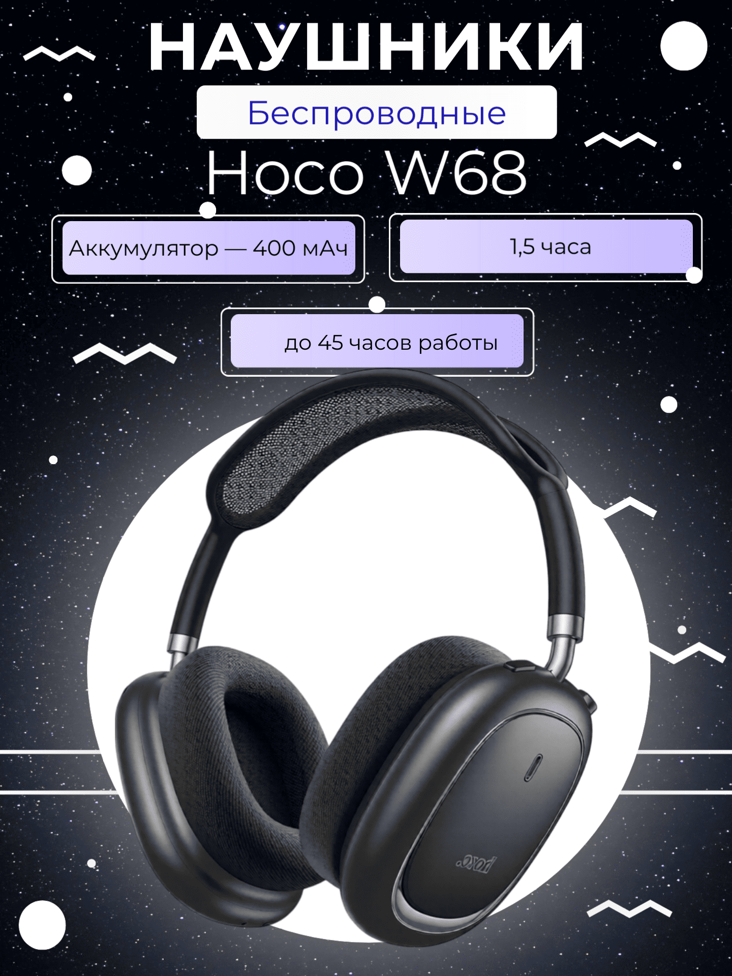 Наушники с объемным шумоподавлением полноразмерные Hoco W68 черный