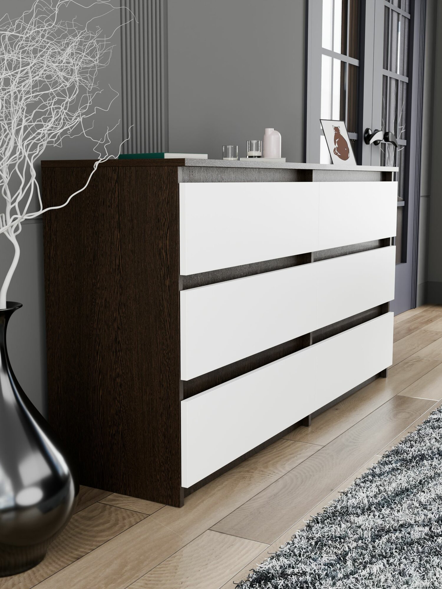 Комод для белья и одежды орлан 6 ящиков, 140х76.4х40 см, венге/белый