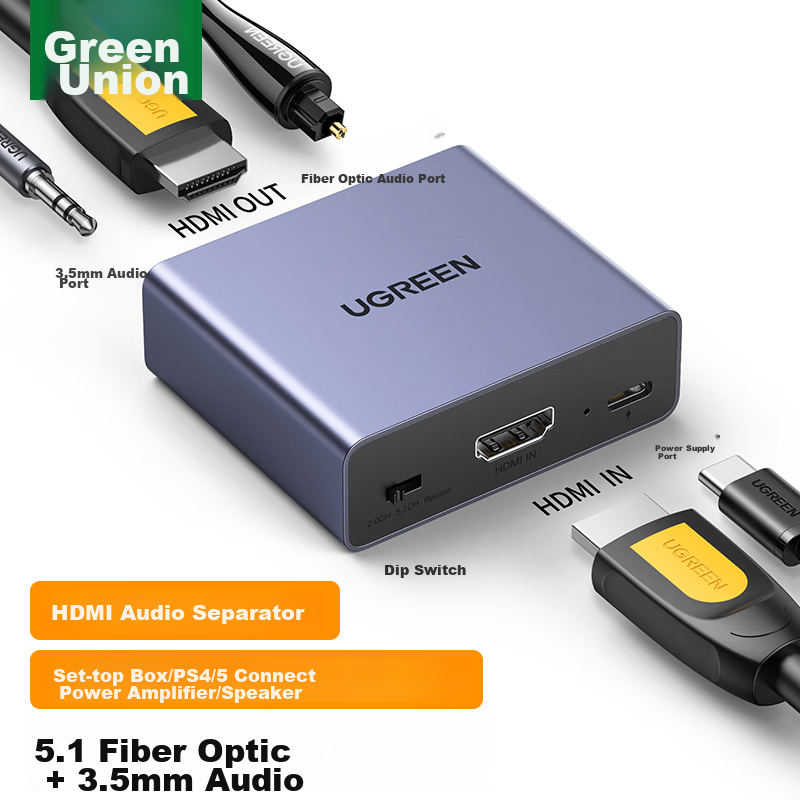 Lulian HDMI Audio Separator, 4K HD Video 5.1 Optical 3.5mm Audio Converter, Suitable for Laptops, Set-Top Boxes, PS4/5, Connecting TV Speakers, 60649