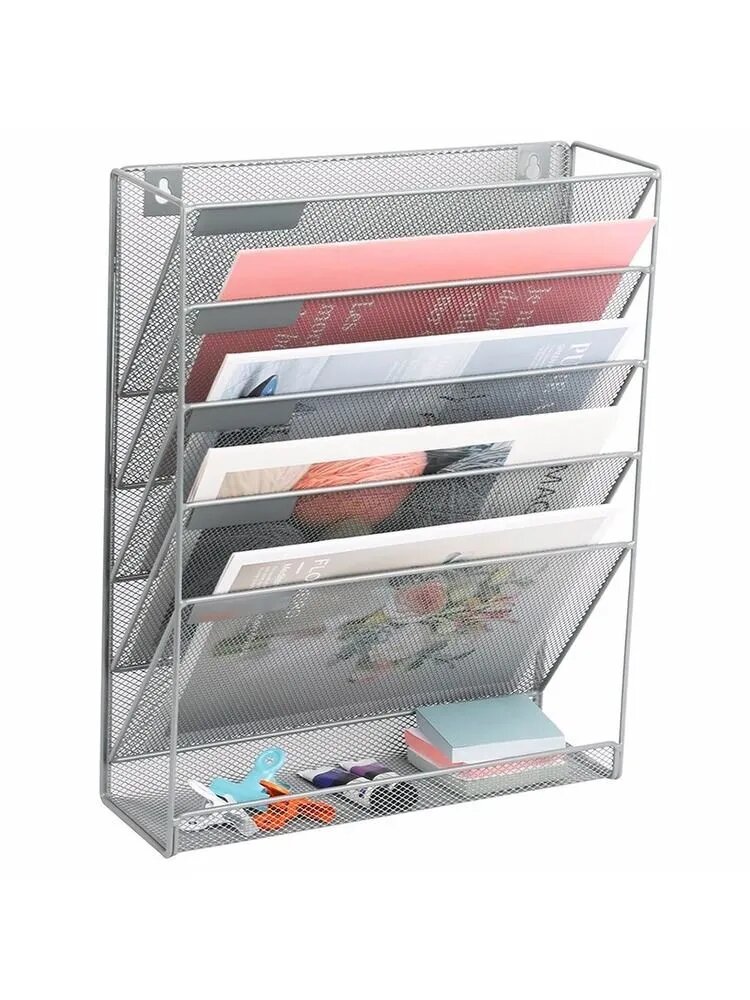 Лоток для бумаг металлический настенный 6 секций для хранения документов, светло-серый