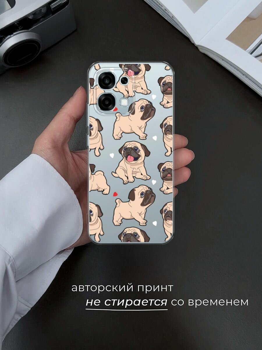 Чехол на Oppo A6 Pro / Оппо A6 Про с принтом Мопс с сердечками фон, прозрачный — фото 1