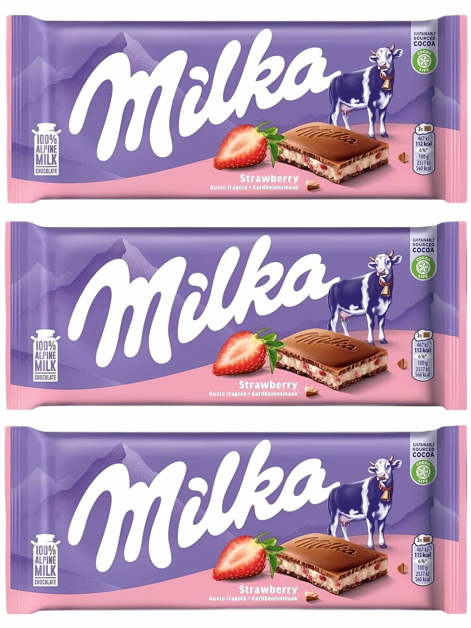 Шоколадная плитка Milka Strawberry со клубничной начинкой, 3 шт. по 100 гр. (Швейцария)