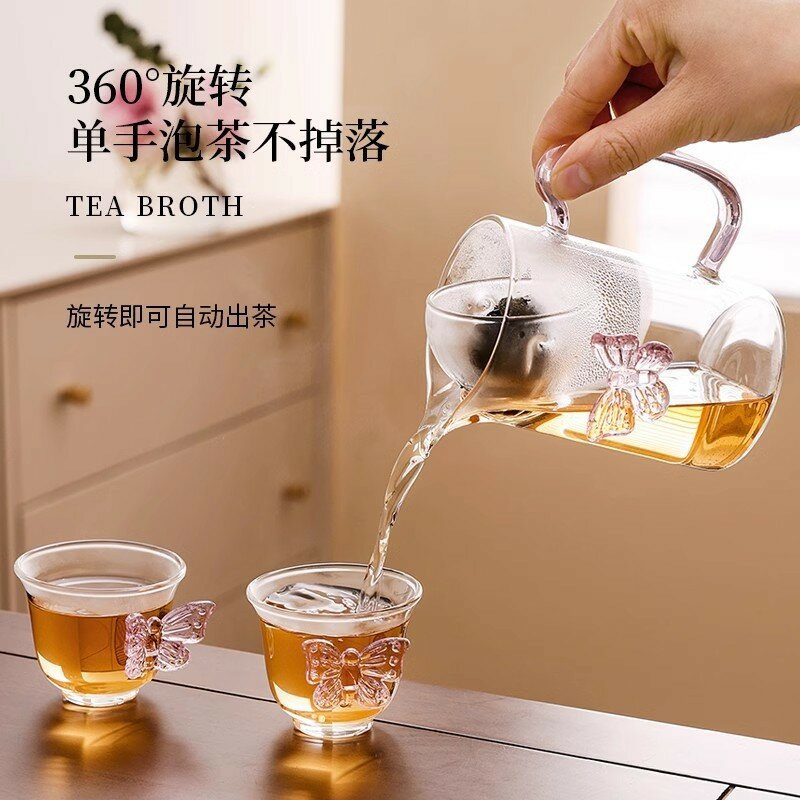 Розовый стеклянный чайник с ручкой-бабочкой, цветочным узором, утолщенным термостойким стеклом, ручной работы, с розовым цветочным декором.