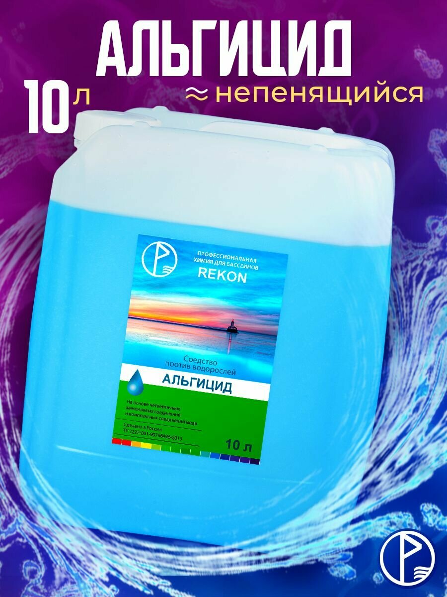 Альгицид для бассейнов против водорослей и зелени непенящийся пролонгированного действия, 10 л (10 кг) REKON Химия для бассейна