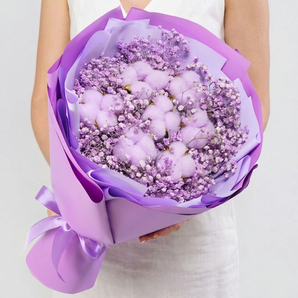 Дуо-букет Мегацвет24 «Гипсофила и сиреневый хлопок», дизайнерская упаковка