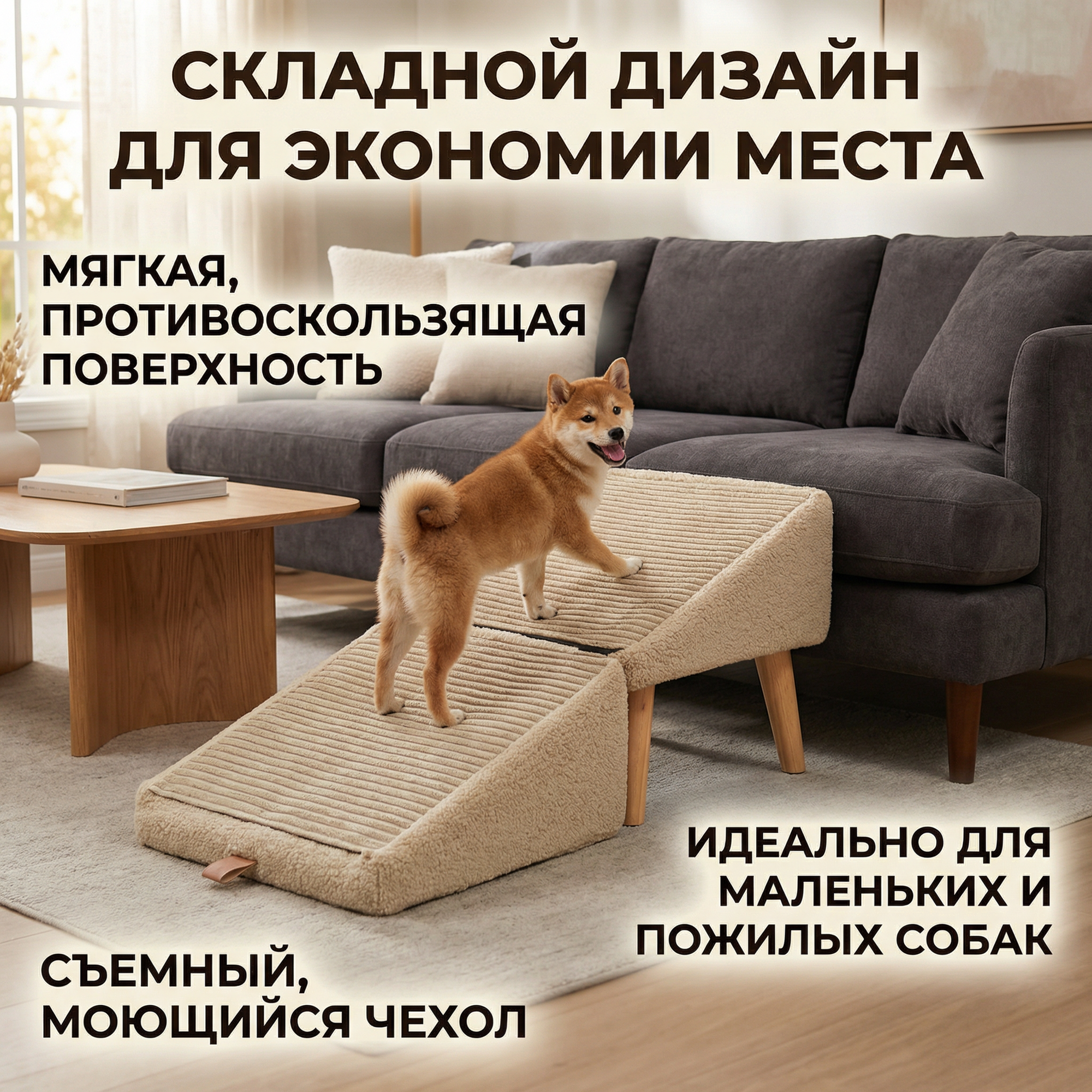 Пандус‑лестница для собак раздельная 2‑в‑1 (пуф+рампа), плюш, съёмный чехол, антискользящая, хаки
