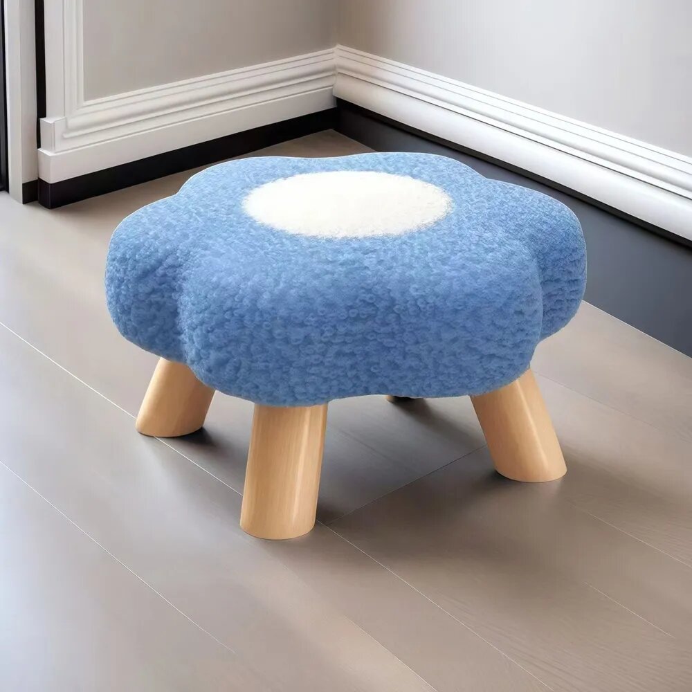 Табурет-цветок голубого цвета, 1 шт. Мягкое сиденье из букле, деревянные ножки для гостиной