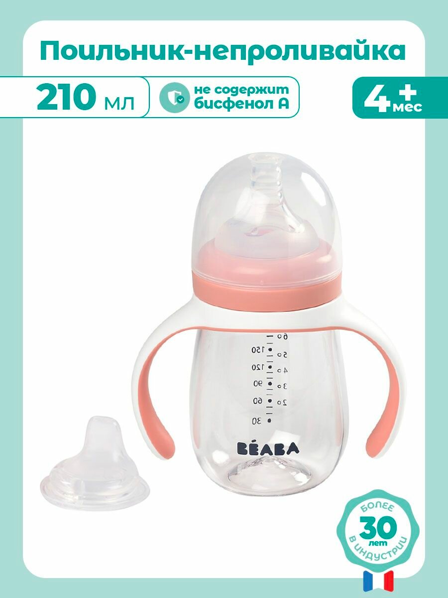 BEABA поильник детский 210 мл. с двумя насадками в комплекте, поильник непроливайка с соской