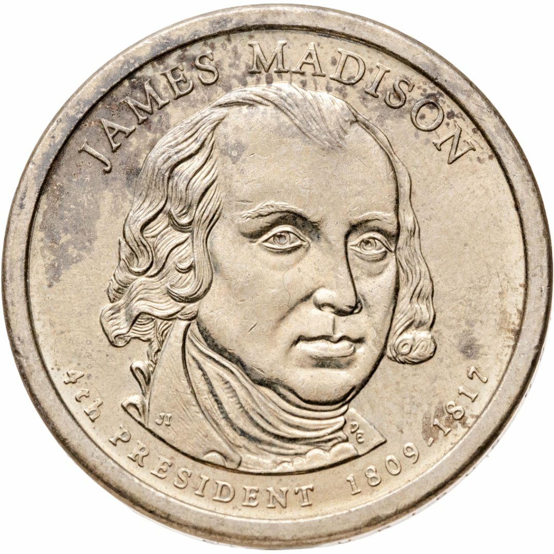 США 1 доллар dollar 2007 D "Джеймс Мэдисон 4-й президент США", Латунь, в сохранности UNC