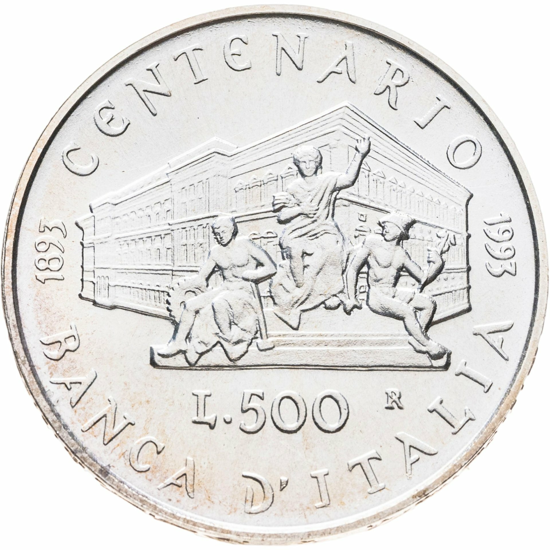 Италия 500 лир 1993 100 лет банку Италии, Серебро 835, в сохранности UNC