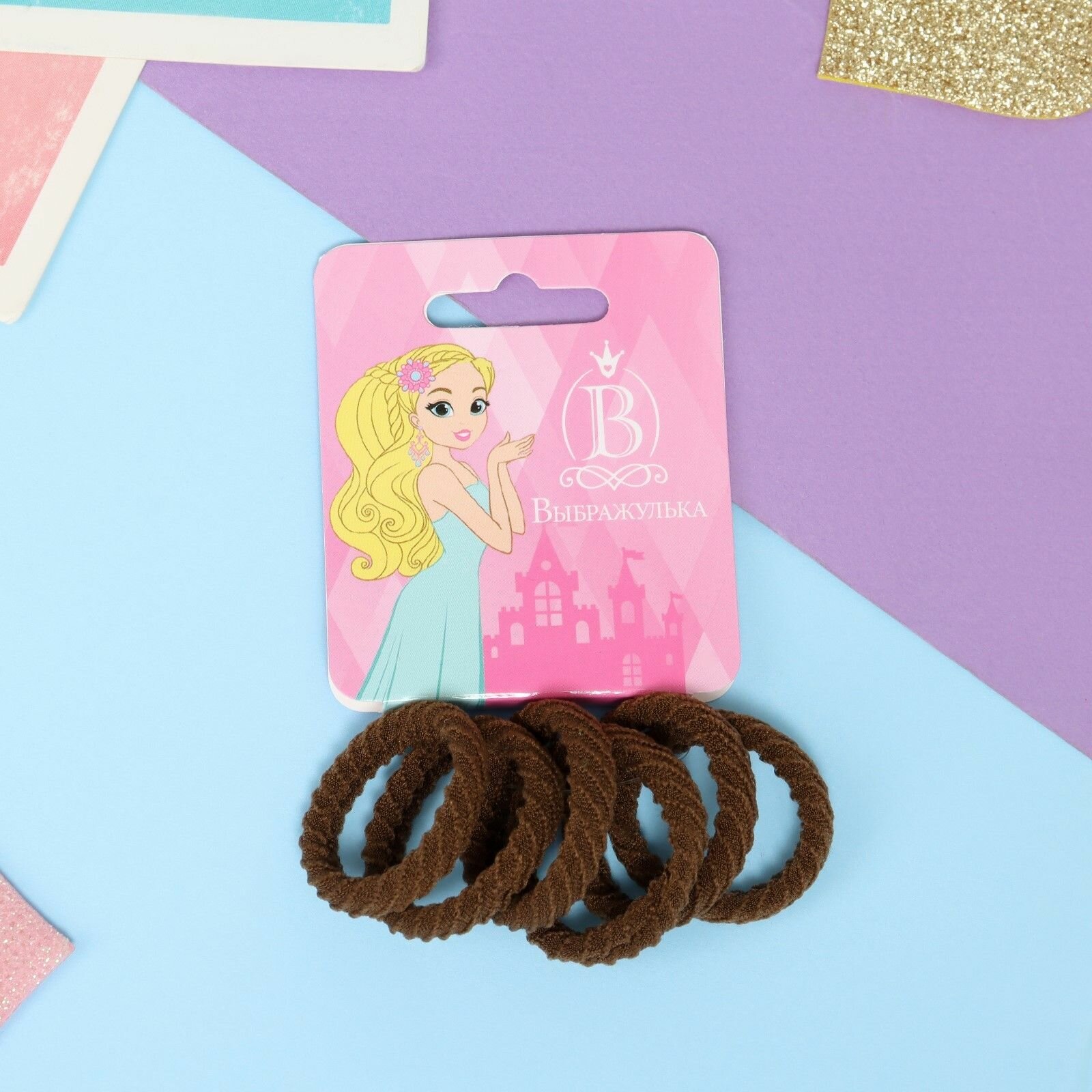 Резинки для волос Выбражулька Махрушка спорт , набор 6 шт, полосы диагональ, 2.5 см, коричневые