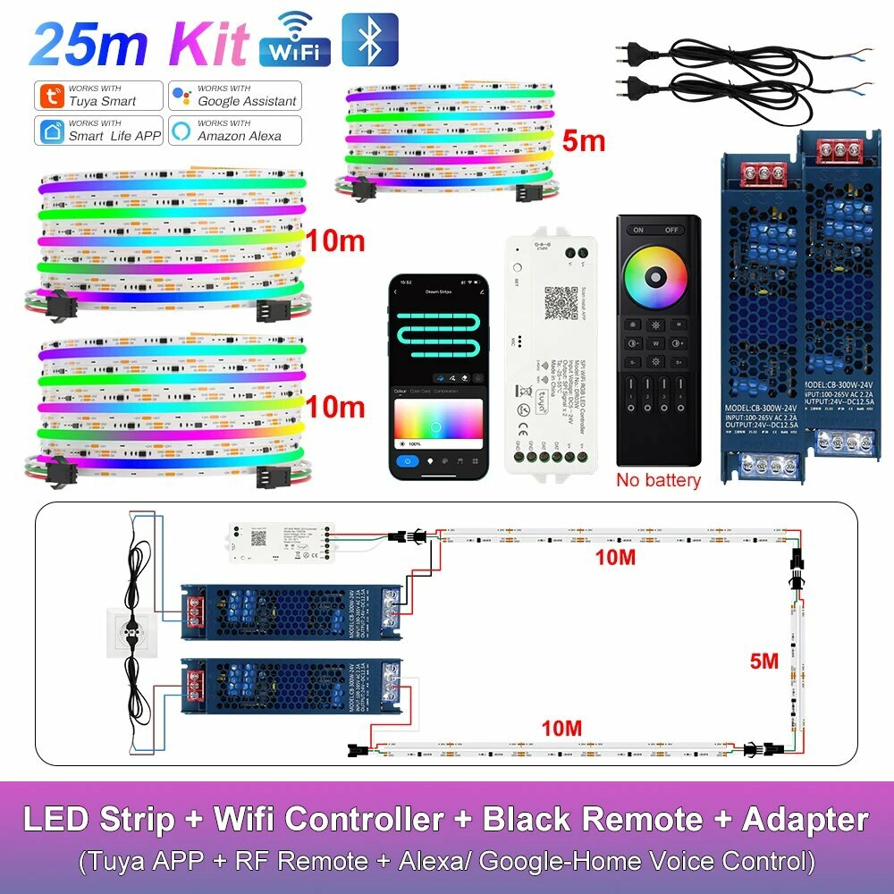 RGB светодиодная лента 25м с Wi-Fi, пультом, EU Plug