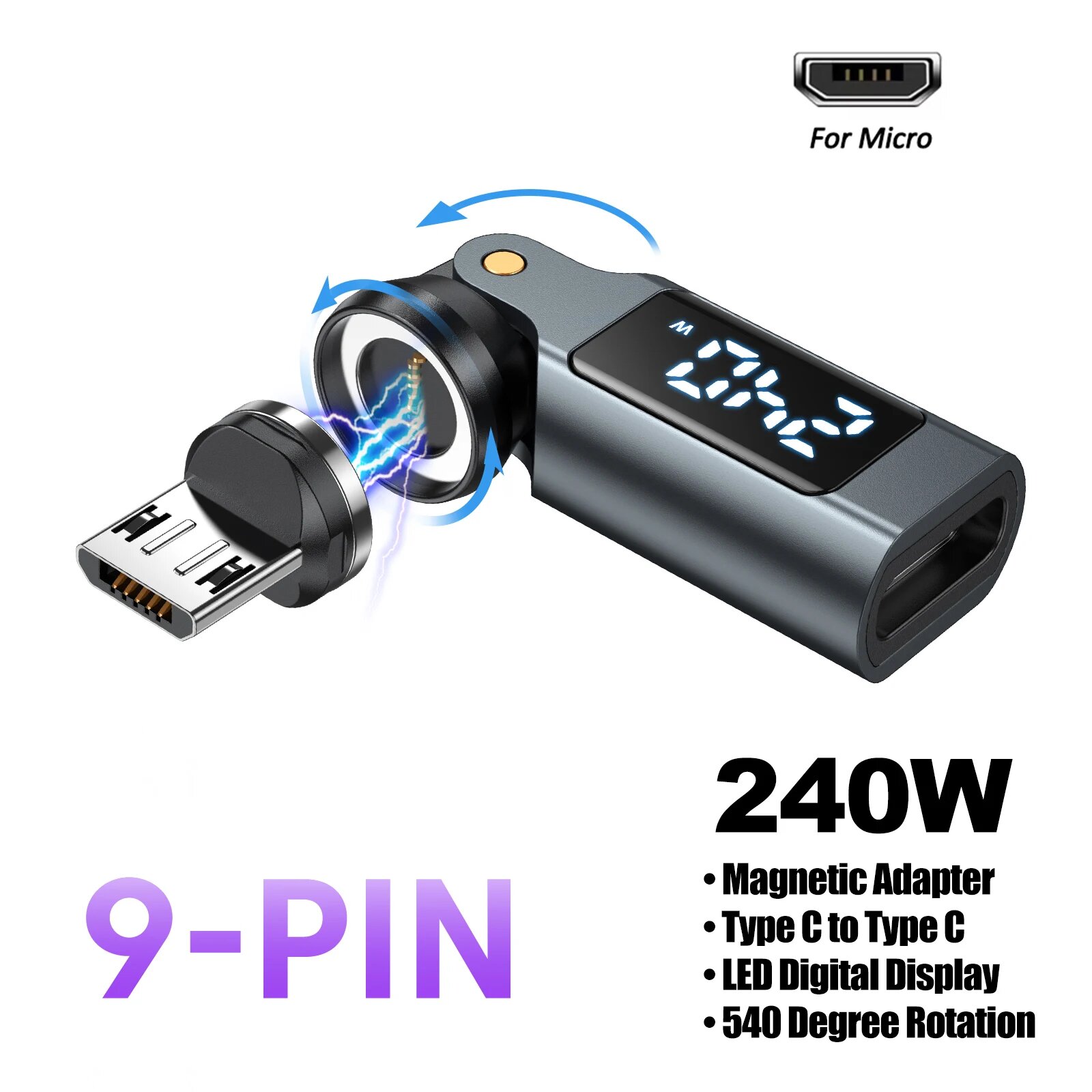AUFU 9-контактный магнитный Type-C адаптер Micro, PD240W, дисплей