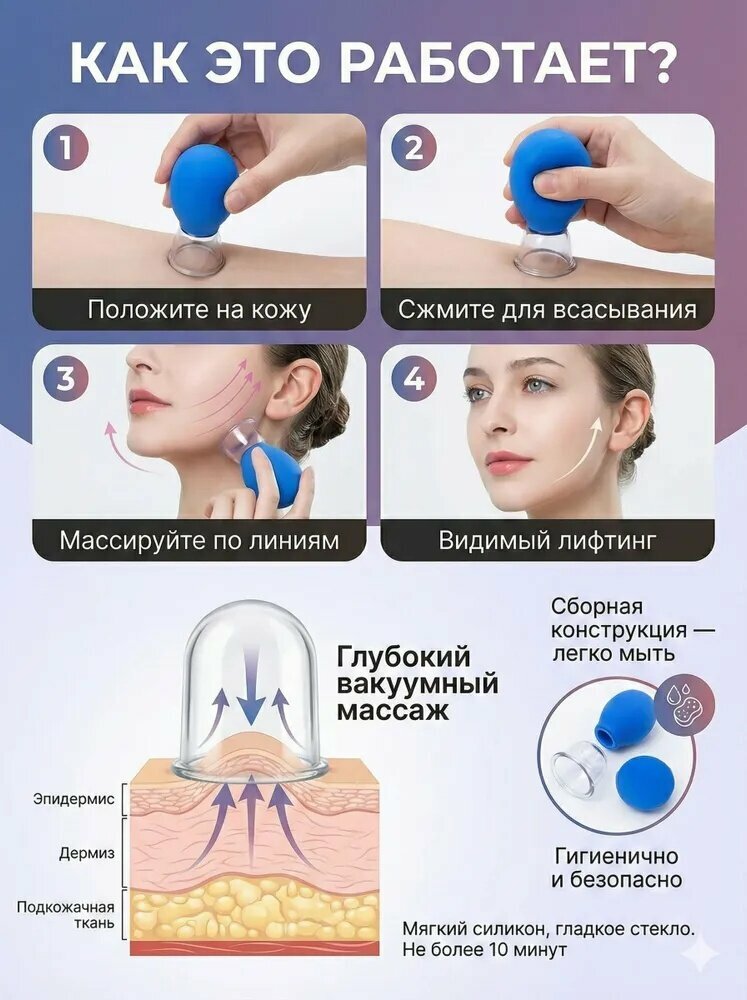 Вакуумные банки массажные для лица шеи, 4шт.