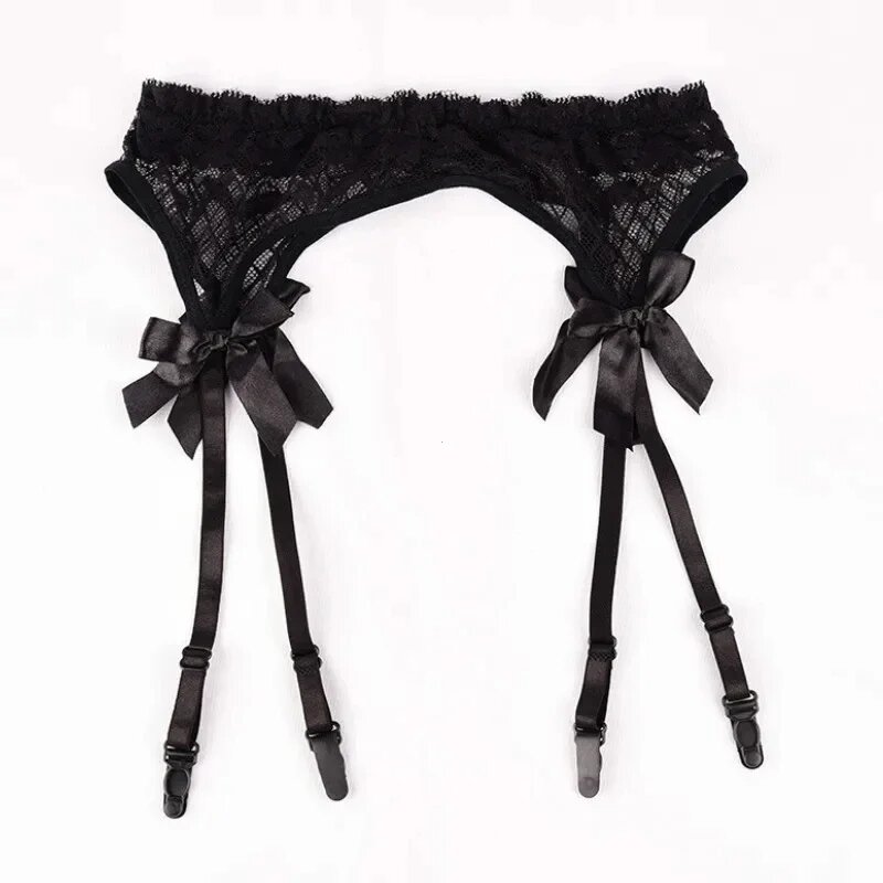 Черные кружевные подвязки на лентах Black-J1