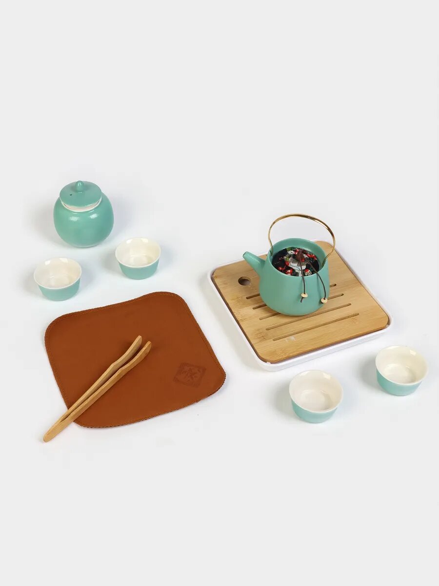 Набор для чайной церемонии «Хасима», 9 предметов, на 4 персоны, чашка 40 мл, чайник 200 мл, керамика, бирюзовый