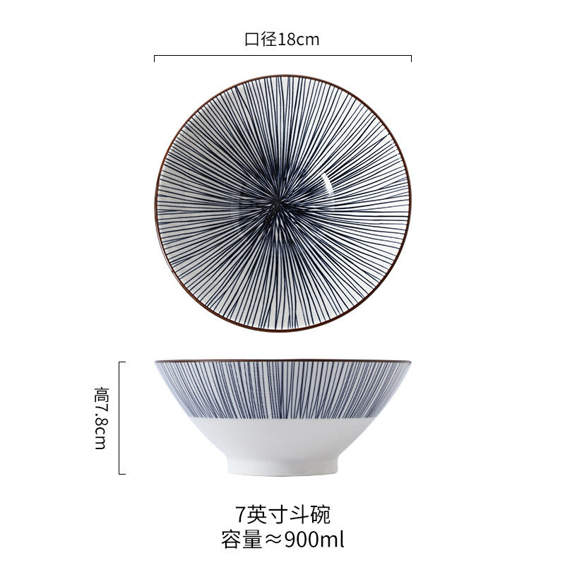 Оптовая продажа коробками: керамическая посуда с синими полосками, раскрашенная подглазурно, популярные домашние миски и тарелки для риса.
