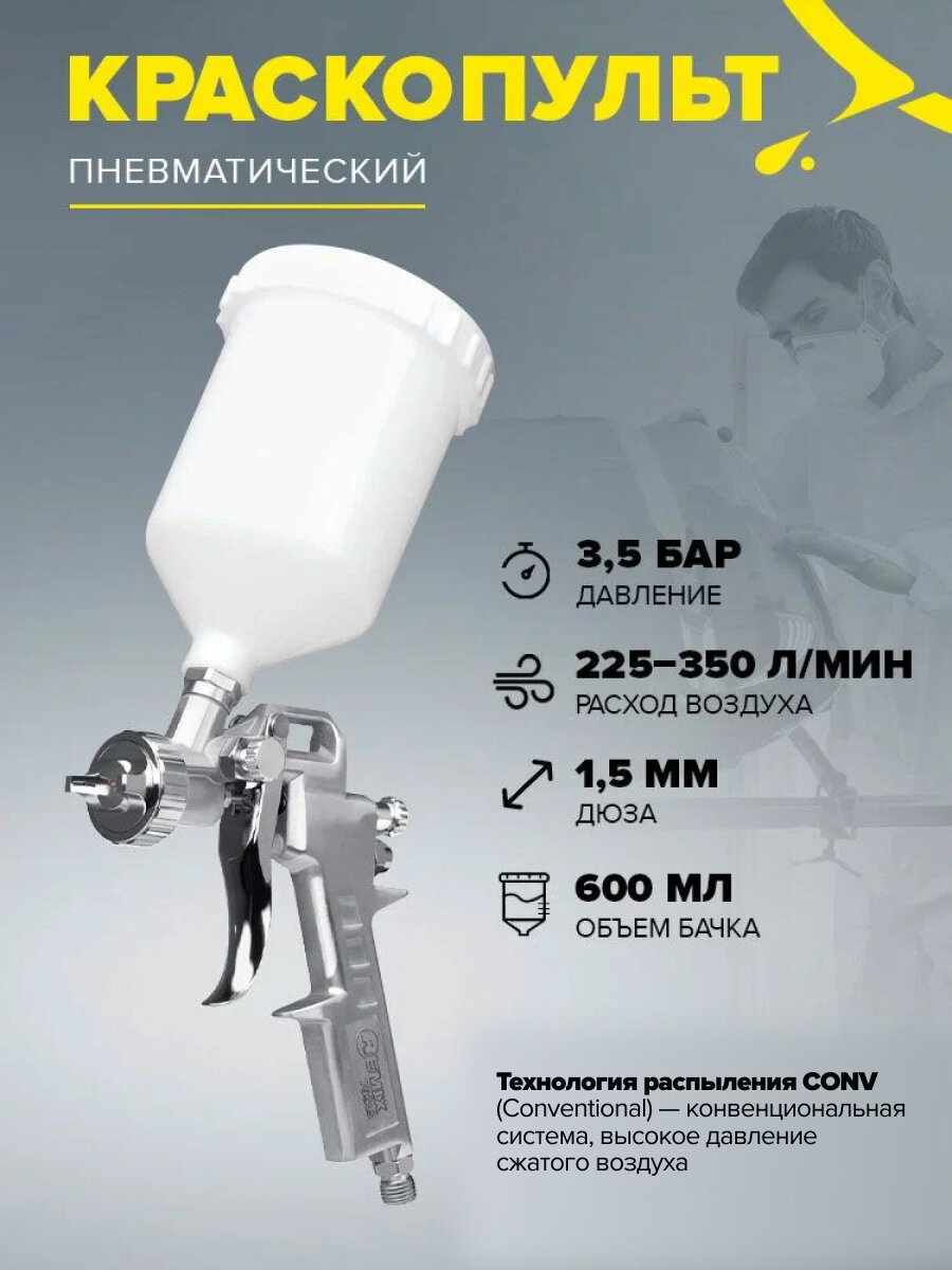 Краскопульт для компрессора REMIX TOOLS S-990G, конвенциональный,1.5 мм, 600 мл, окрасочный пистолет для авто и дерева