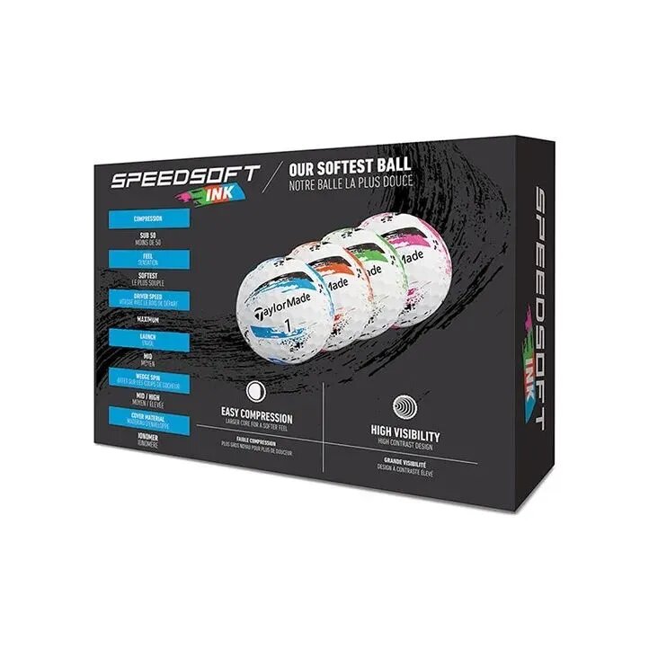 Мяч для гольфа TaylorMade Speed Soft Ink, многоцветный, для гольфа, 3 штуки, двухслойная конструкция с резиновым внешним слоем — фото 1