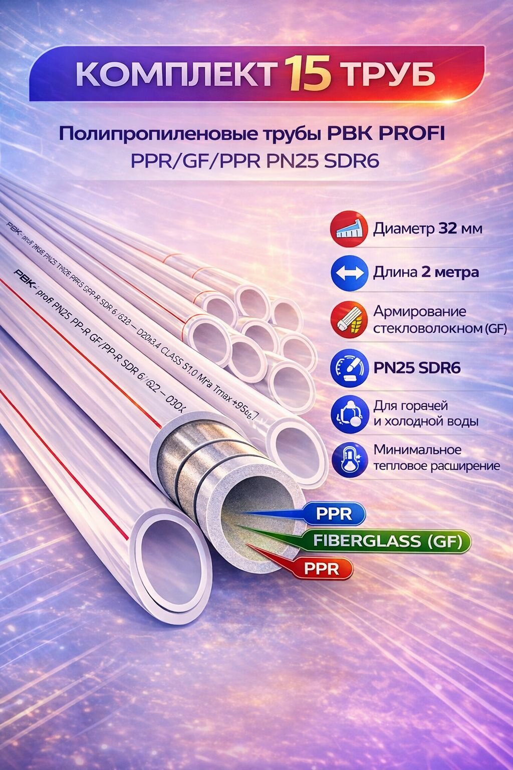 Комплект 15 шт. РВК Полипропиленовая труба армированная стекловолокном PROFI PPR/GF/PPR PN25 SDR6 D32 2м