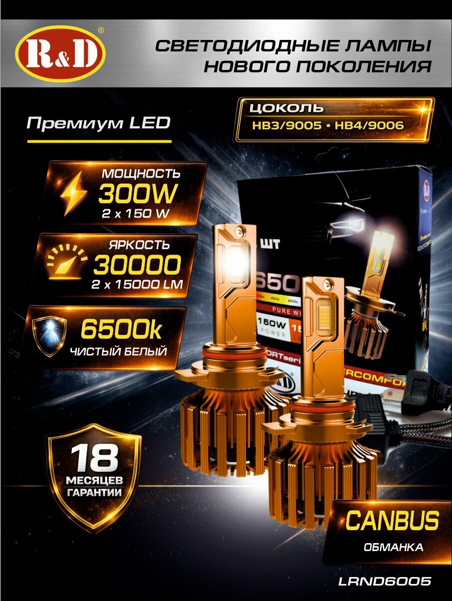 Лампа светодиодная HB3/9005 HB4/9006 2шт, автомобильные лед лампы 10-30 V, 15000 Лм, 150 Вт, 6500 K, белый свет