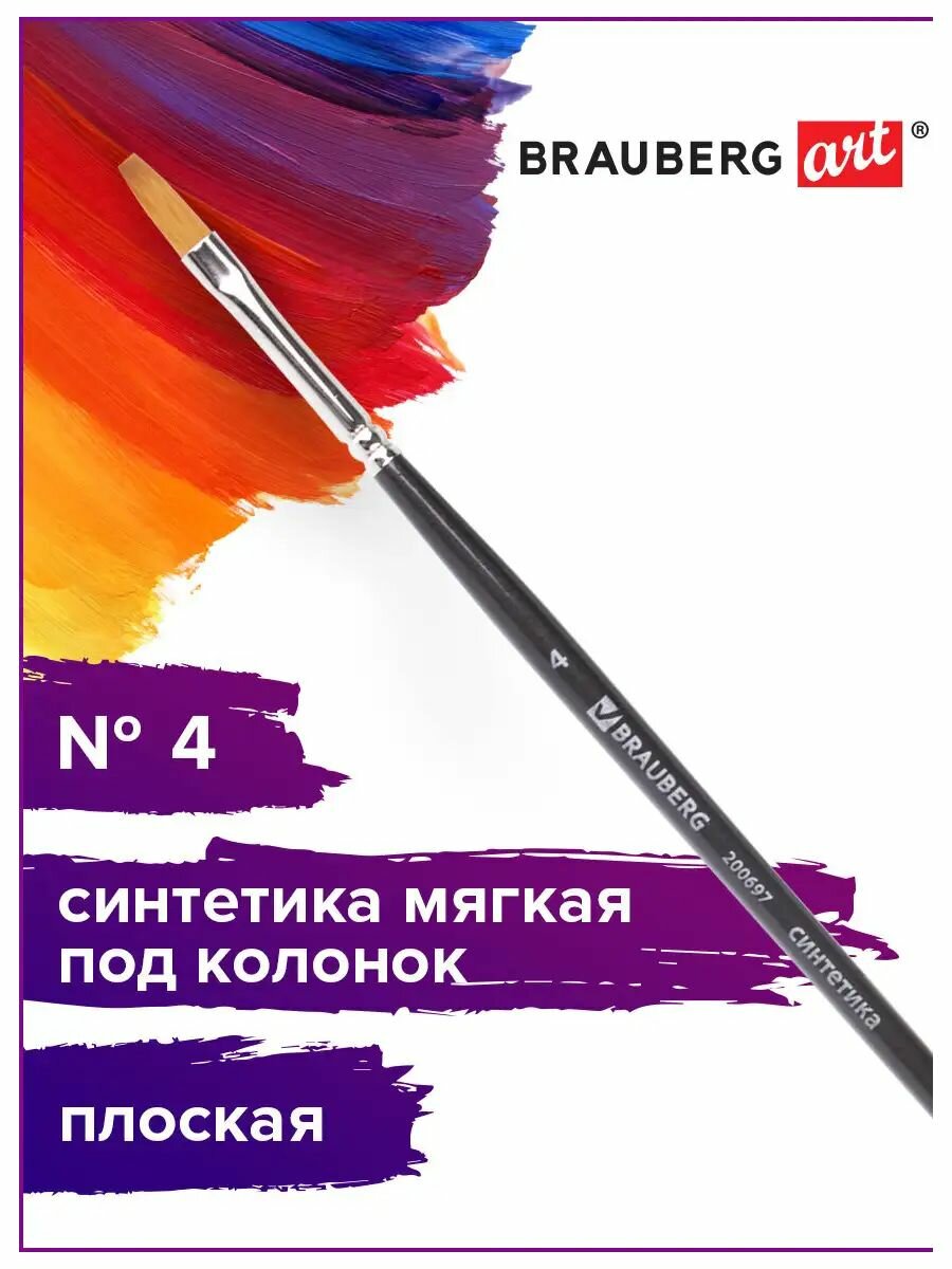 Кисть художественная профессиональная ART classic, синтетика мягкая под колонок, плоская, № 4 кисть художественная кисть для рисования синтетическая кисть мягкая плоская №4
