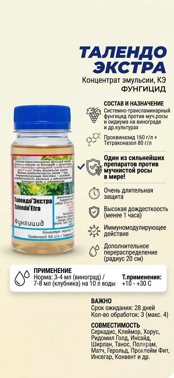 Талендо экстра, Фунгицид 100 мл, Концентрат эмульсии, КЭ Проквиназид 160 г/л+Тетраконазол 80 г/л Системно-трансламинарный фунгицид против муч. росы и оидиума на винограде и др. культурах