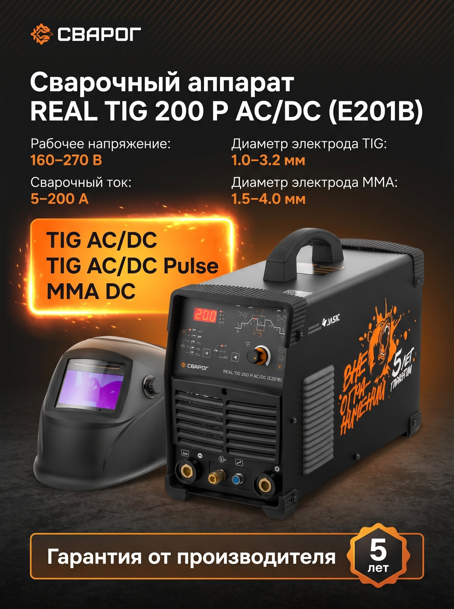 Сварочный аппарат Риал Тиг 200 P AC/DC (E201B) Black