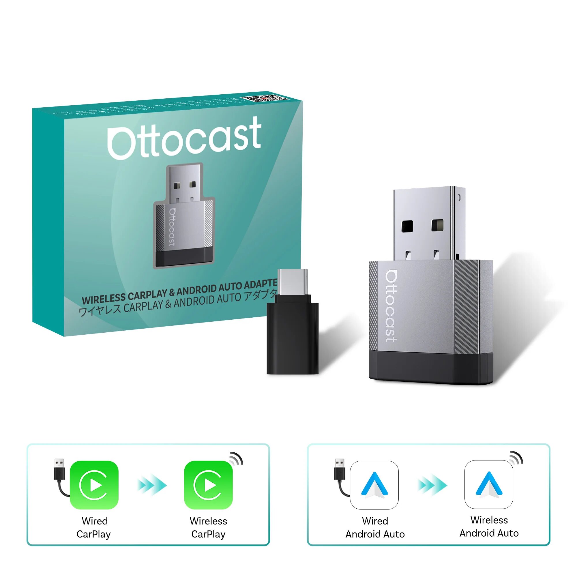 OTTOCAST Mini Nova: Беспроводной адаптер 2-в-1 для CarPlay и Android Auto (проводной в беспроводной) — Автоаксессуары для Benz, Audi, VW, Kia, Toyota