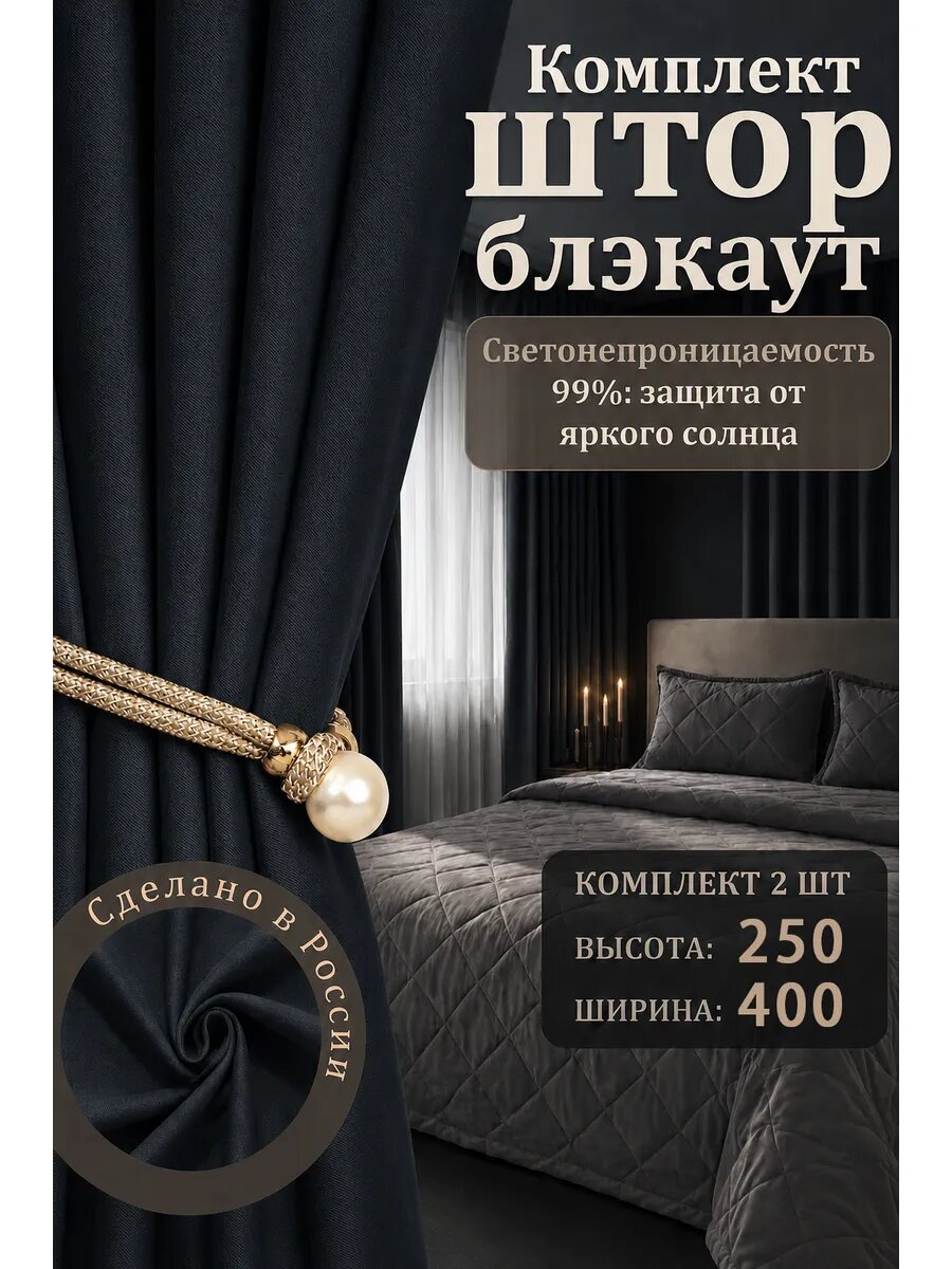 Шторы‑блэкаут 400х240 см (200х240 см, 2 шт.), для гостиной и спальни, черные