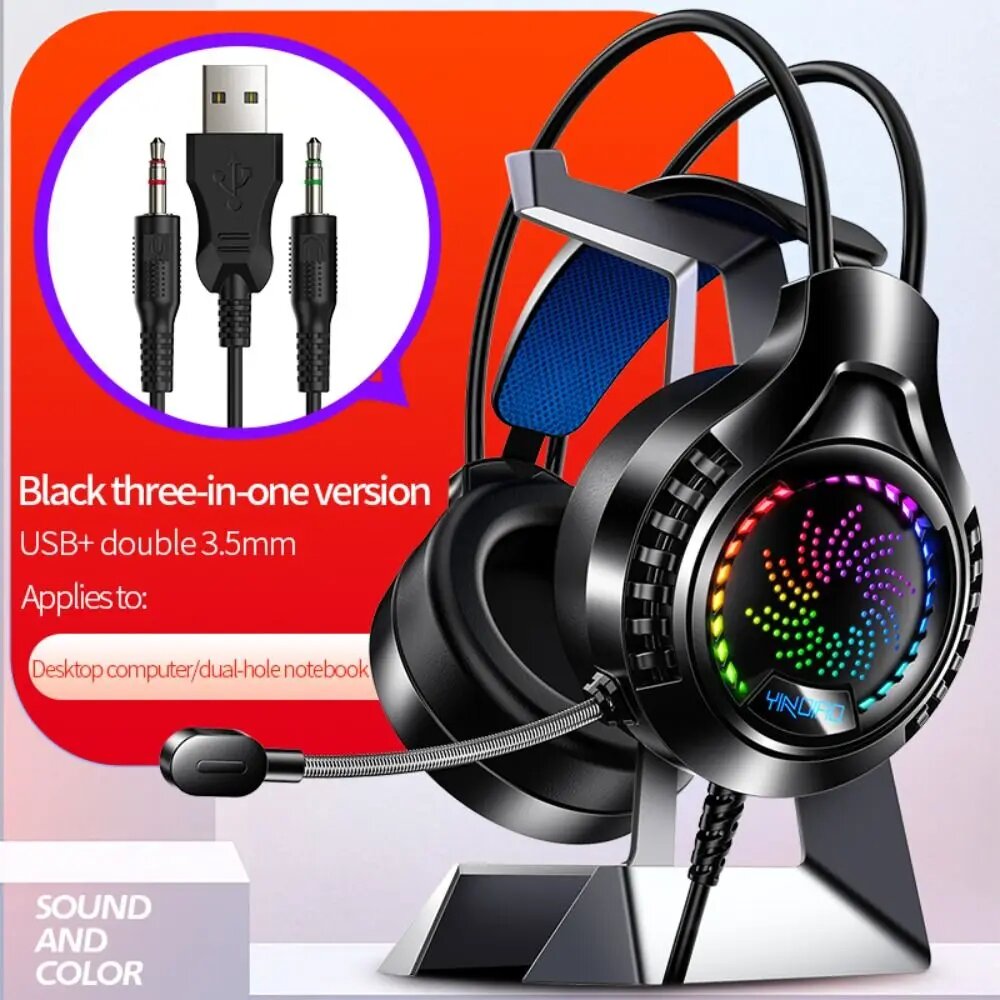 Проводные складные RGB наушники ABS пластик белый/розовый/черный black-dual 3.5mm-USB